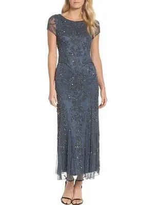 Pisarro Nights Pisarro Nights Beaded Mesh Midi Cocktail Dress Grey