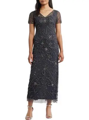 Pisarro Nights Pisarro Nights Beaded Mesh Midi Cocktail Dress Griffin