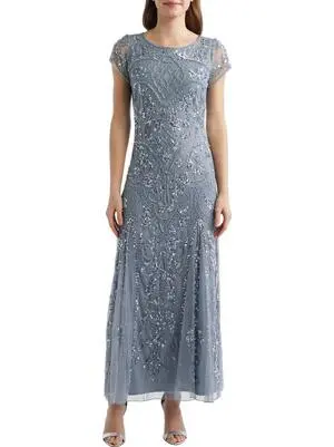 Pisarro Nights Beaded Mesh Column Gown - Ice Blue 459