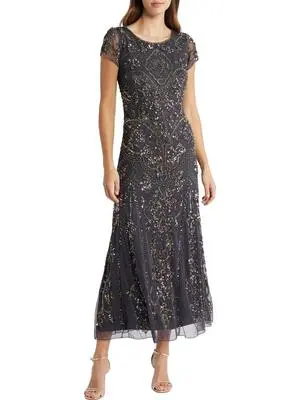 Pisarro Nights Pisarro Nights Beaded Mesh Midi Cocktail Dress Jbs Grey