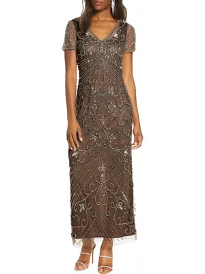 Pisarro Nights Pisarro Nights Beaded Mesh Midi Cocktail Dress Mocha