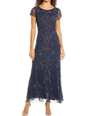 Pisarro Nights Pisarro Nights Beaded Mesh Midi Cocktail Dress Navy