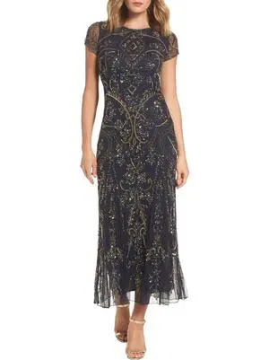Pisarro Nights Pisarro Nights Beaded Mesh Midi Cocktail Dress Navy/gold