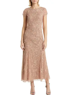 Pisarro Nights Pisarro Nights Beaded Mesh Midi Cocktail Dress New Beige