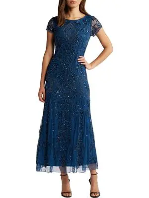 Pisarro Nights Pisarro Nights Beaded Mesh Midi Cocktail Dress New Petrol Blue