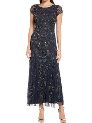 Pisarro Nights Pisarro Nights Beaded Mesh Midi Cocktail Dress New Slate