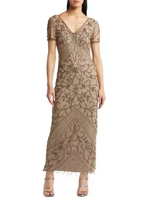 Pisarro Nights Pisarro Nights Beaded Mesh Midi Cocktail Dress Oyster