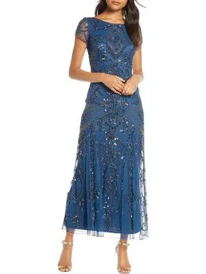 Pisarro Nights Pisarro Nights Beaded Mesh Midi Cocktail Dress Petrol Blue/copper
