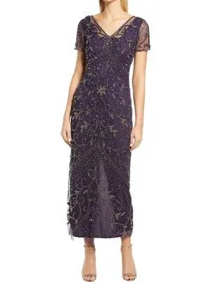 Pisarro Nights Pisarro Nights Beaded Mesh Midi Cocktail Dress Plum
