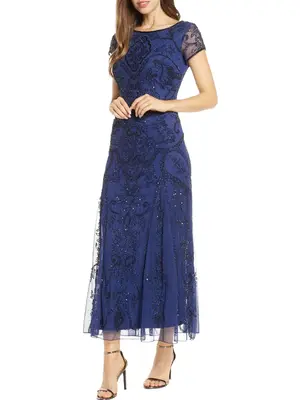 Pisarro Nights Pisarro Nights Beaded Mesh Midi Cocktail Dress Royal