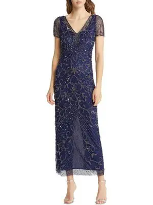 Pisarro Nights Pisarro Nights Beaded Mesh Midi Cocktail Dress Sapphire
