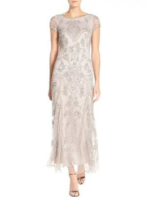 Pisarro Nights Pisarro Nights Beaded Mesh Midi Cocktail Dress Silver