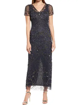 Pisarro Nights Pisarro Nights Beaded Mesh Midi Cocktail Dress Slate/ Copper
