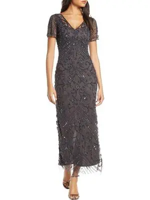 Pisarro Nights Pisarro Nights Beaded Mesh Midi Cocktail Dress Slate