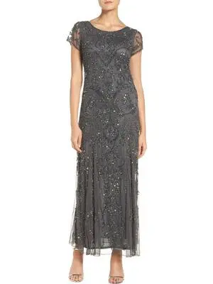 Pisarro Nights Pisarro Nights Beaded Mesh Midi Cocktail Dress Smoke