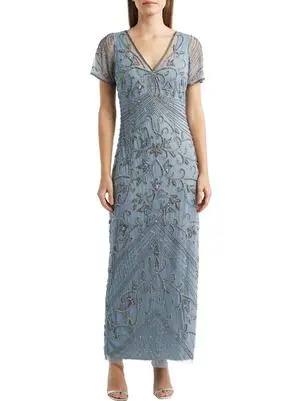 Pisarro Nights Beaded Mesh Column Gown - Soft Blue 401