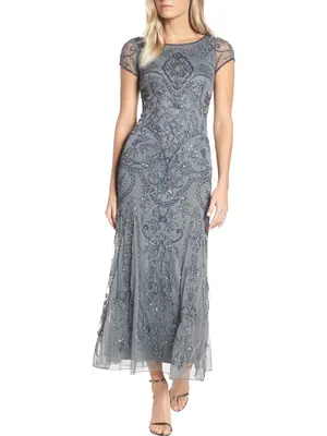 Pisarro Nights Pisarro Nights Beaded Mesh Midi Cocktail Dress Steel
