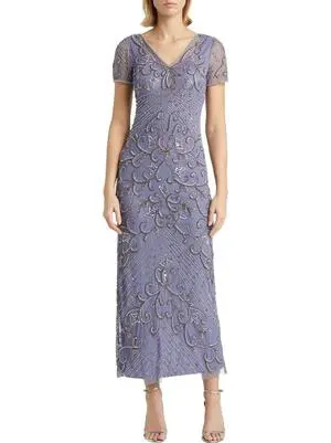 Pisarro Nights Pisarro Nights Beaded Mesh Midi Cocktail Dress Violet
