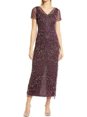 Pisarro Nights Pisarro Nights Beaded Tulle Midi Dress Wine 601