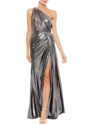 Mac Duggal Ieena For Mac Duggal One-Shoulder Metallic Gown Gunmetal-0
