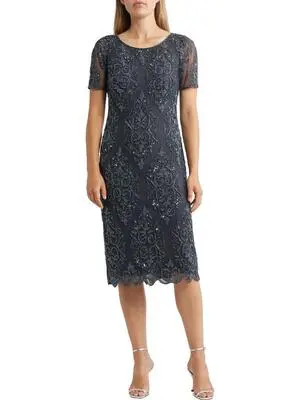 Pisarro Nights Beaded Cocktail Midi Dress - Slate