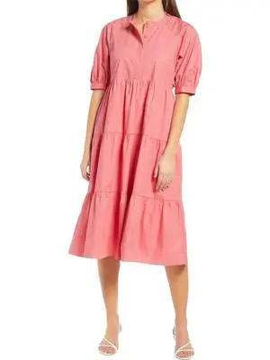 English Factory English Factory Puff Sleeve Tiered Midi Dress Coral
