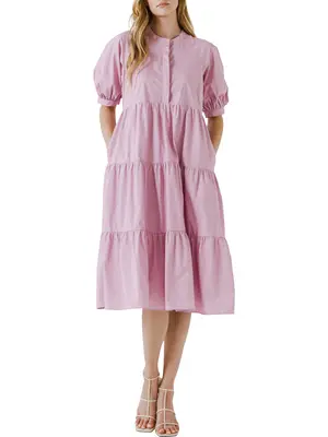 English Factory English Factory Puff Sleeve Tiered Midi Dress Lilac