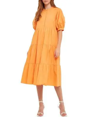 English Factory English Factory Puff Sleeve Tiered Midi Dress Orange