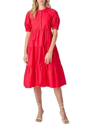 English Factory Puff Sleeve Tiered Midi Dress - Red