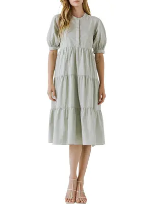 English Factory English Factory Puff Sleeve Tiered Midi Dress Sage