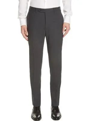 Canali Canali Flat Front Classic Fit Stretch Wool Trousers Charcoal