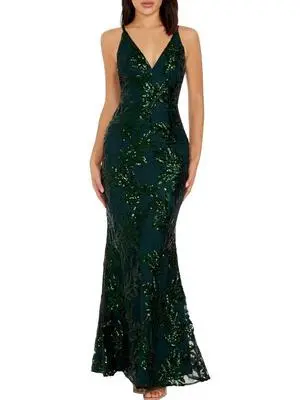 Dress The Population Sharon Embellished Lace Gown - Pine Multi