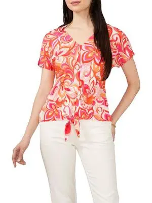 Chaus V-neck Tie Front Top - Peach/red/coral