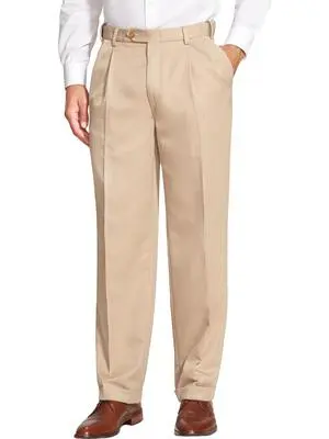 Berle Berle Self Sizer Waist Pleated Classic Fit Microfiber Trousers Tan