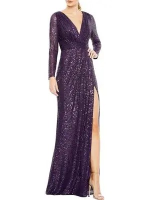 Mac Duggal Sequin Long Sleeve Faux Wrap Gown - Purple