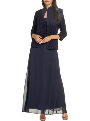 Alex Evenings Sequin Gown With Jacket - Navy