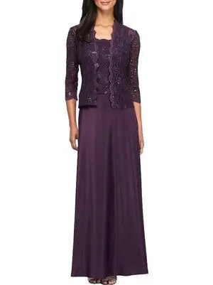 Alex Evenings Sequin Lace And Satin Gown With Jacket - Eggplant
