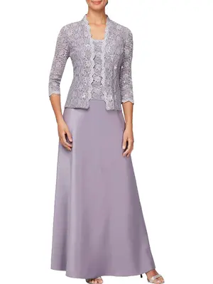 Alex Evenings Alex Evenings Sequin Lace And Satin Gown With Jacket Icy Orchid