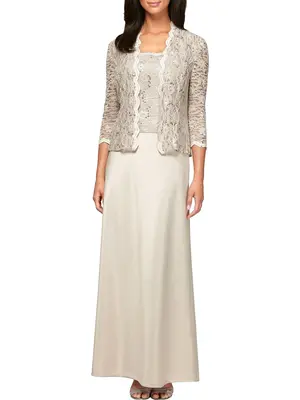 Alex Evenings Alex Evenings Sequin Lace And Satin Gown With Jacket Taupe