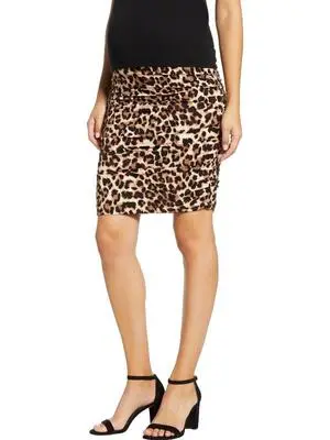 ANGEL MATERNITY Ruched Leopard Print Skirt - Brown
