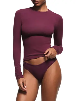 SKIMS SKIMS Stretch Cotton Jersey Long Sleeve T-Shirt Deep Berry