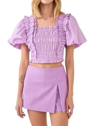 Endless Rose Smocked Puff Sleeve Crop Top - Lilac