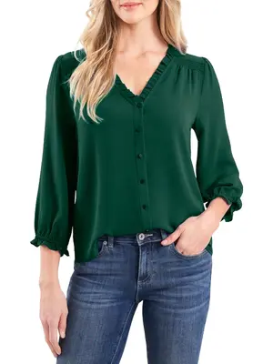 CECE DUPRAZ CeCe Ruffle V-neck Blouse Alpine Green