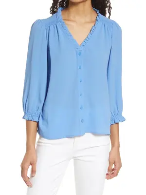 CECE DUPRAZ CeCe Ruffle V-neck Blouse Blue Jay