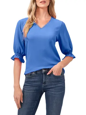 CECE DUPRAZ CeCe Ruffle V-neck Blouse Brisk Blue