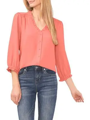 CECE DUPRAZ CeCe Ruffle V-neck Blouse Calypso Coral