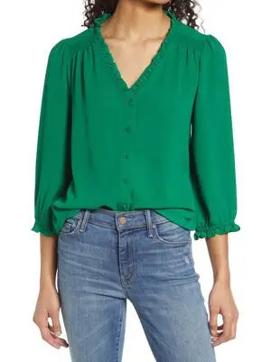 CECE DUPRAZ CeCe Ruffle V-neck Blouse Green