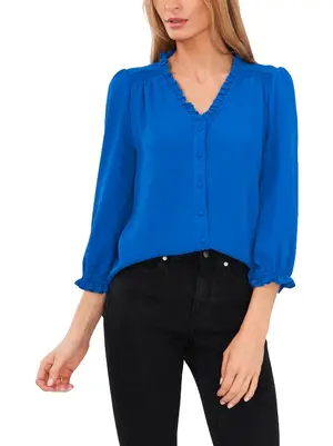 CECE DUPRAZ CeCe Ruffle V-neck Blouse Lapis Blue