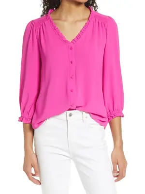 CECE DUPRAZ CeCe Ruffle V-neck Blouse Magenta Glow