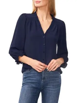 CECE DUPRAZ Ruffle V-neck Blouse - Navy J